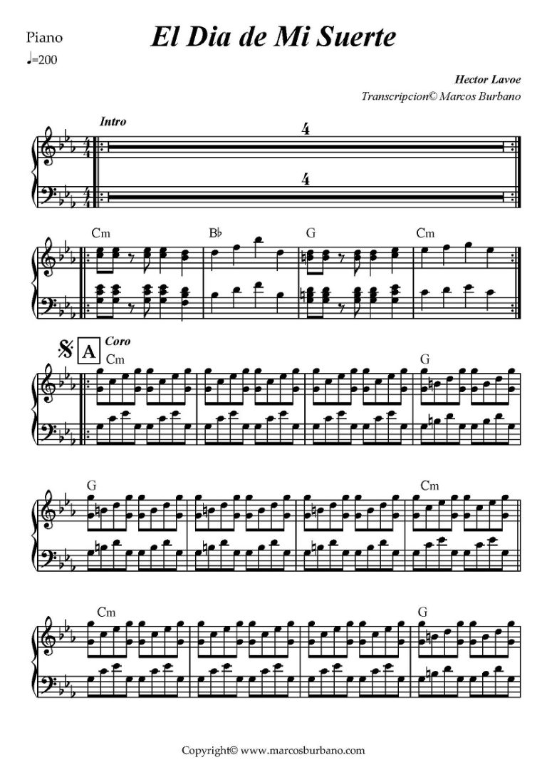 🎹 Nuevo: Partitura de Piano Nota a Nota EL DIA DE MI SUERTE – Hector Lavoe (Transcripción Tumbao ...